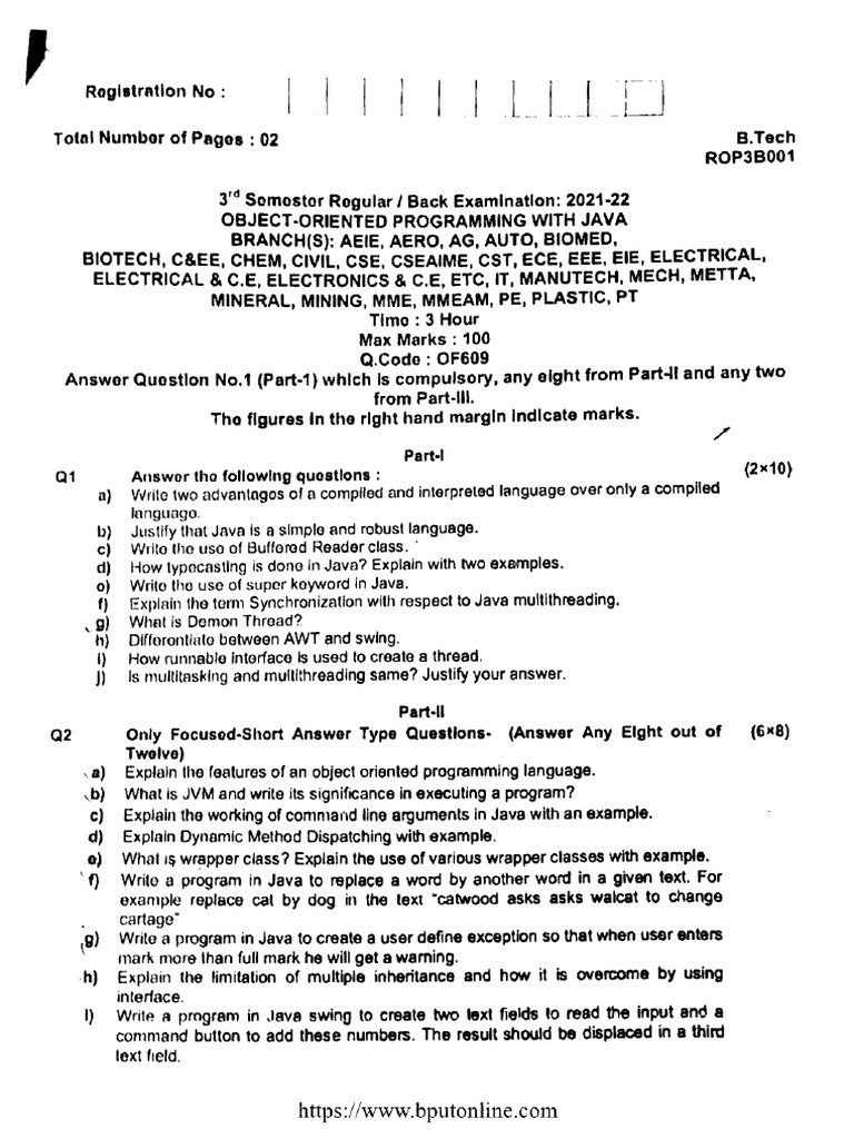 Btech 3 Sem Object Oriented Programming With Java Rop3b001 2022 Pdf 8739