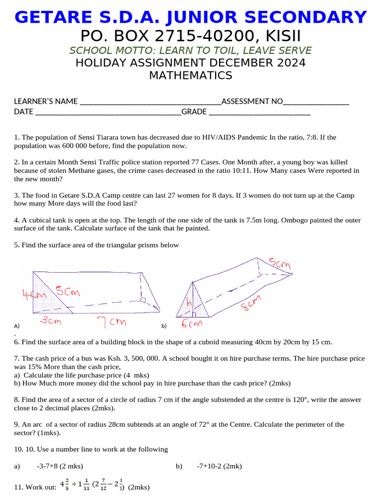 Getare Sda Mathematics Holiday Assignment | PDF | Circle | Area