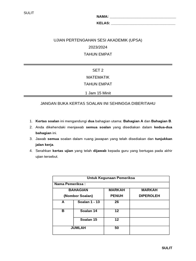 TP1481 - 2 Set Kertas Matematik Tahun 4 Upsa Sesi 202320245 | PDF