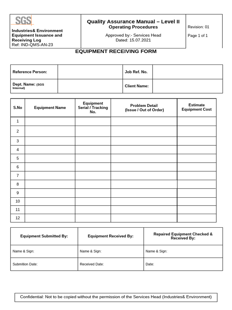 Ind-Qms-An-23 Equipment Receiving and Issuance Log | PDF