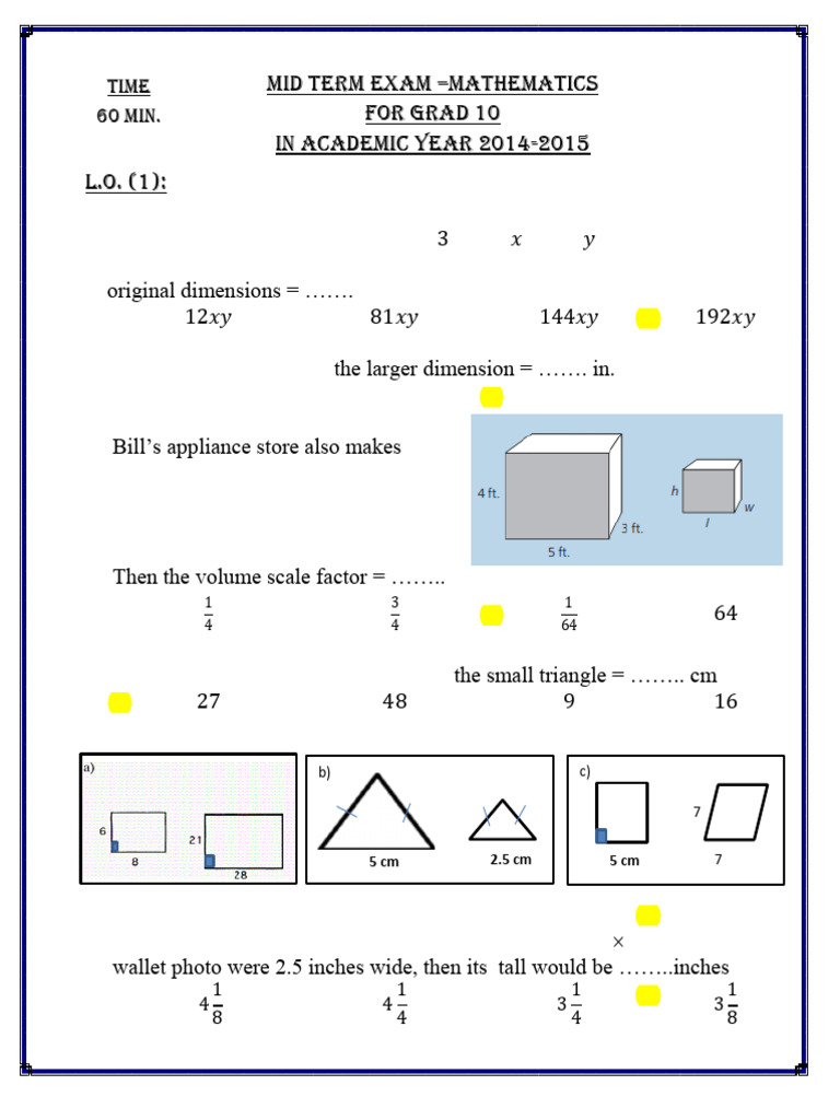Mid Term Exam in Math G10 2014-2015 Answer | PDF | Area | Volume