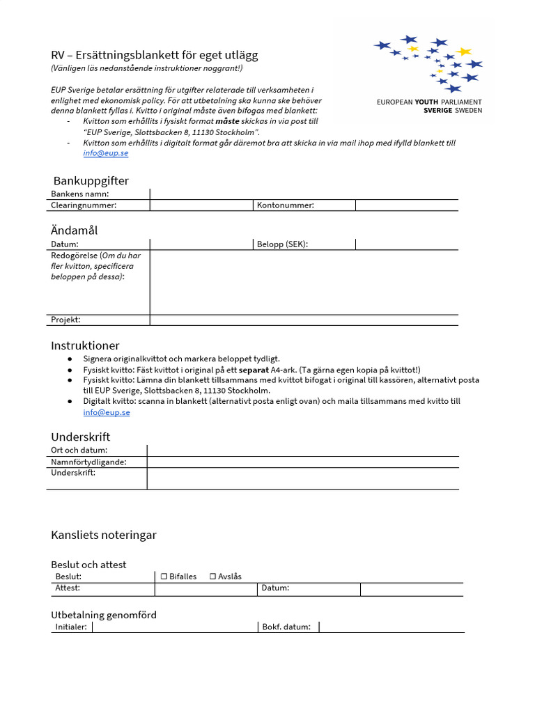 Ersättningsblankett För Eget Utlägg | PDF