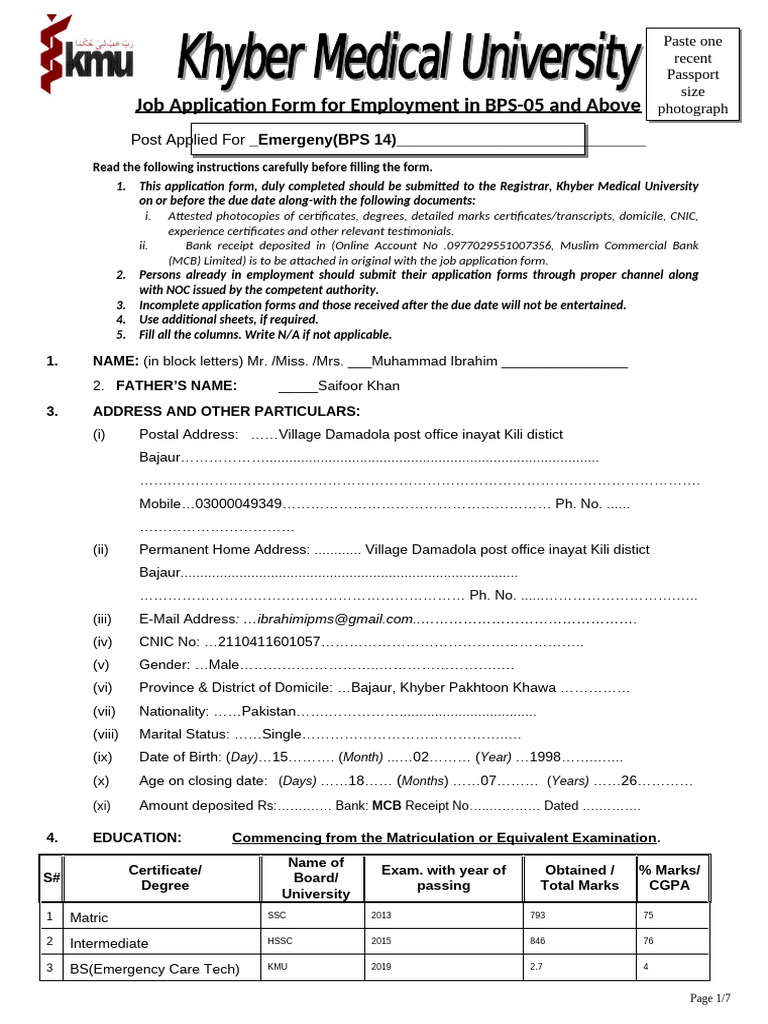 KMU Job Application Form For BPS 05 and Above | PDF | Academic Degree ...
