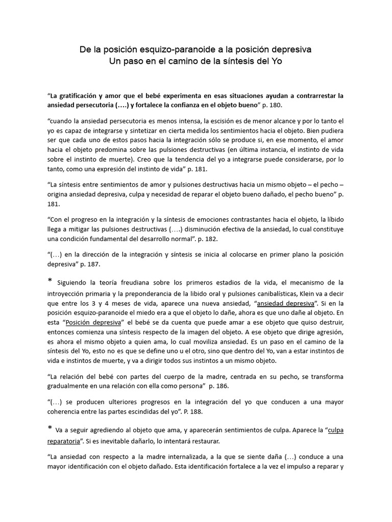 De La Posición Esquizo-Paranoide A La Posición Depresiva Un Paso en El ...