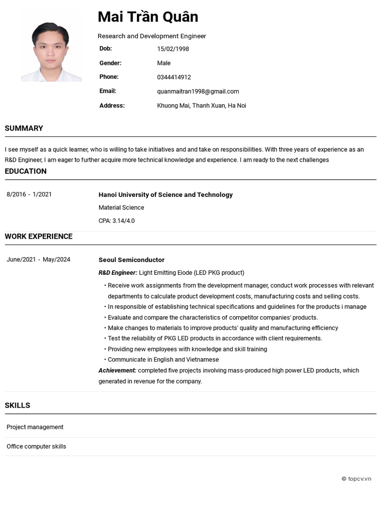 English CV Mai Tran Quan | PDF