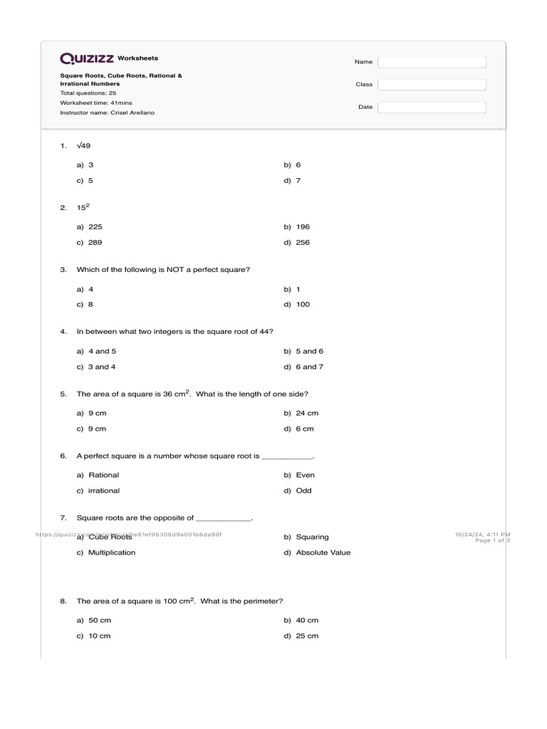 Square & Cube Roots Worksheet | PDF | Numbers | Rational Number