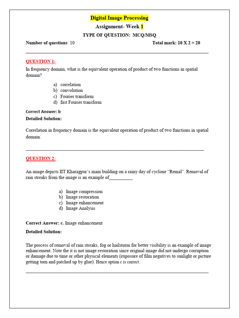 Digital Image Processing MCQ Quiz | PDF | Sampling (Signal Processing) | Computer Vision