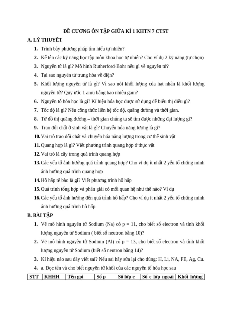 ĐỀ CƯƠNG ÔN TẬP GIỮA KÌ 1 KHTN 7 CTST | PDF