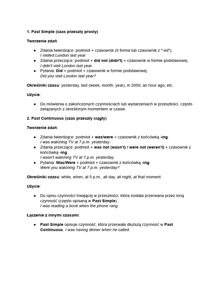 Czasy Przeszłe Notatka Obszerna | PDF