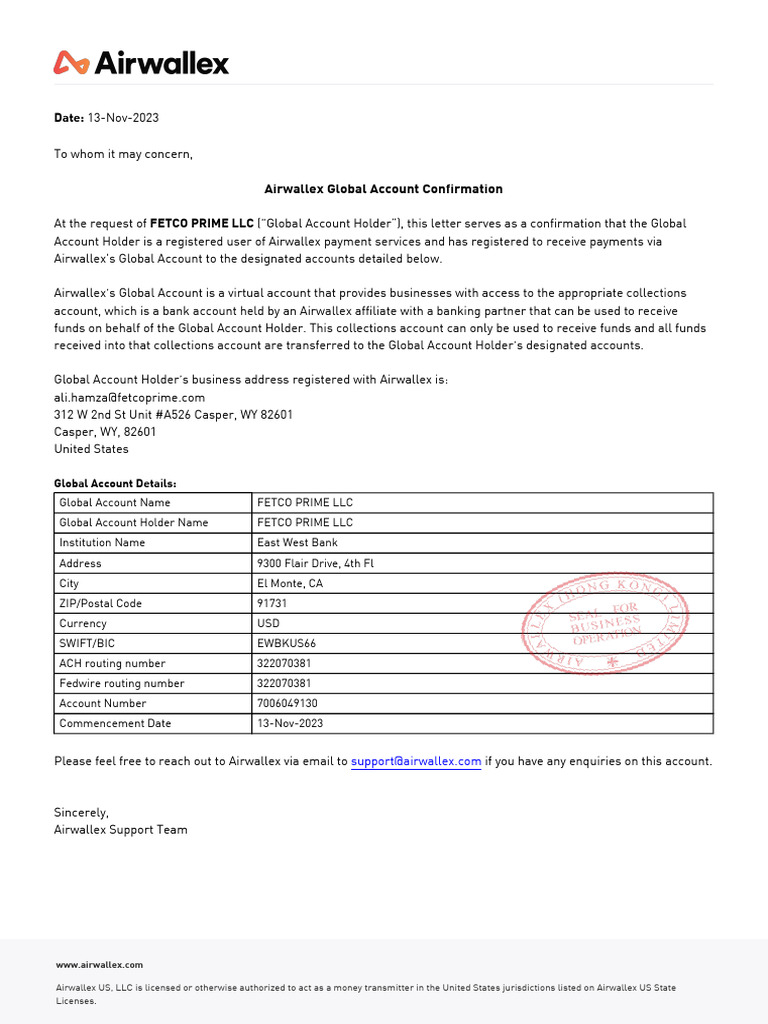Airwallex Global Account Confirmation | PDF
