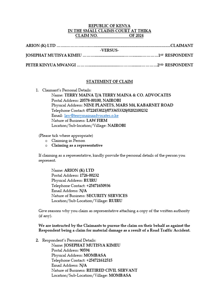 Road Accident Claim in Thika Court | PDF | Damages | Insurance