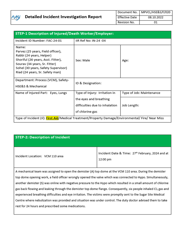 Chlorine Gas Incident Investigation Report | PDF