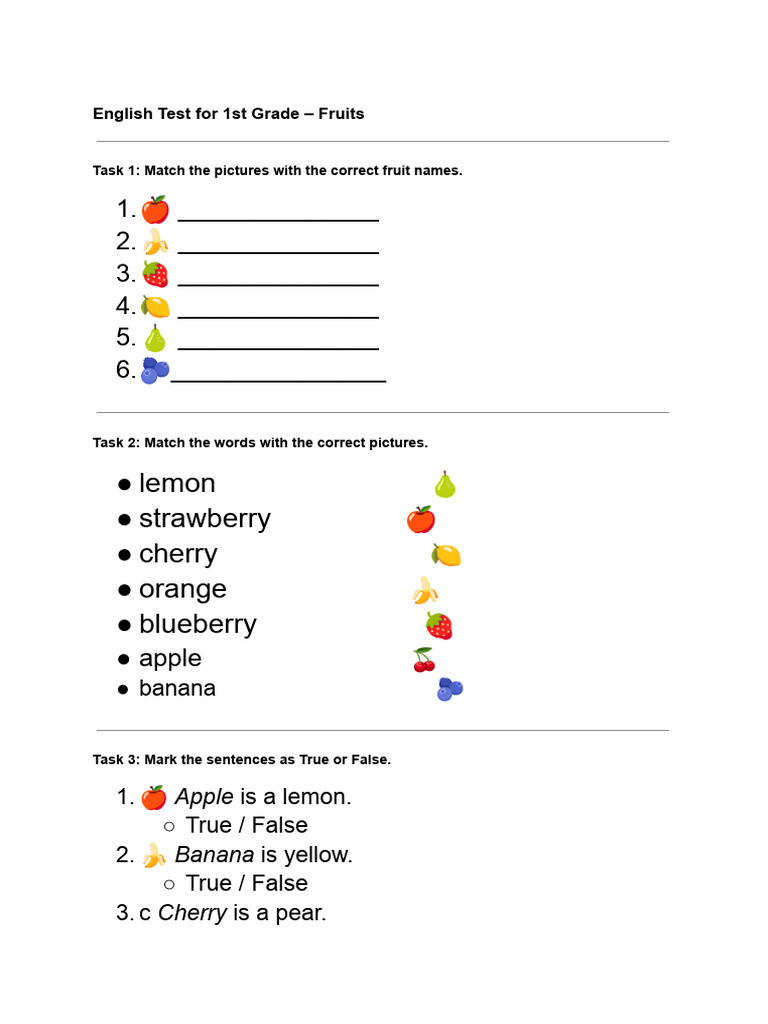 English Test for 1st Grade – Fruits | PDF | Fruit | Lemon