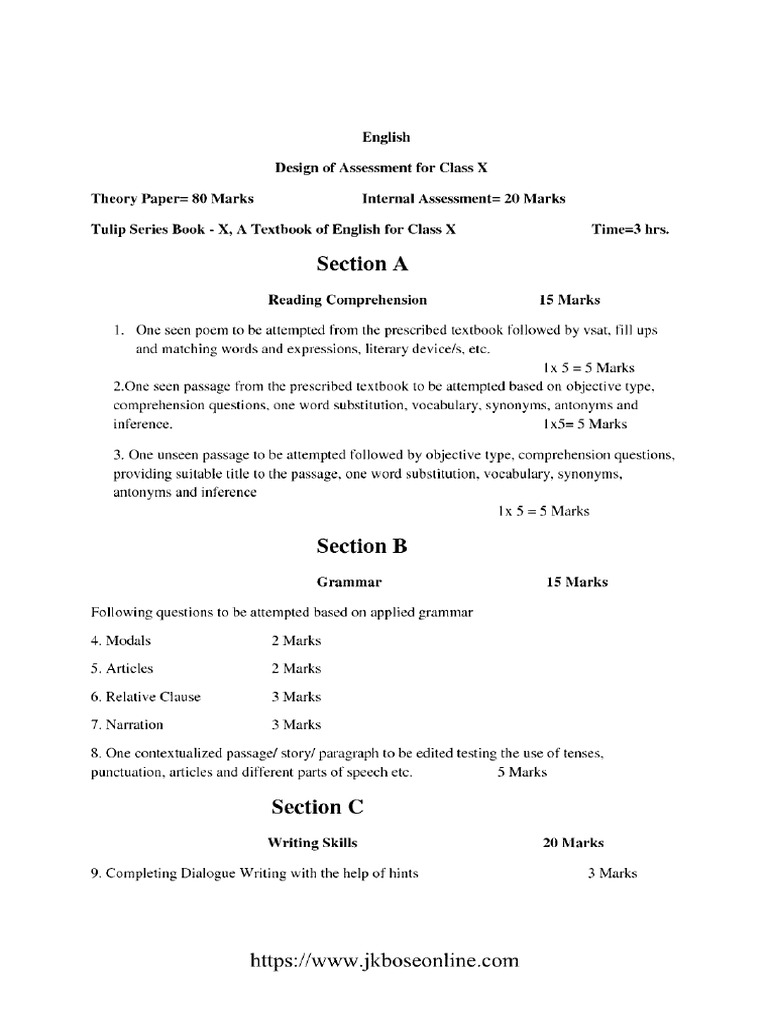 JK Bose Class 10 Model Paper English 02oct21 | PDF