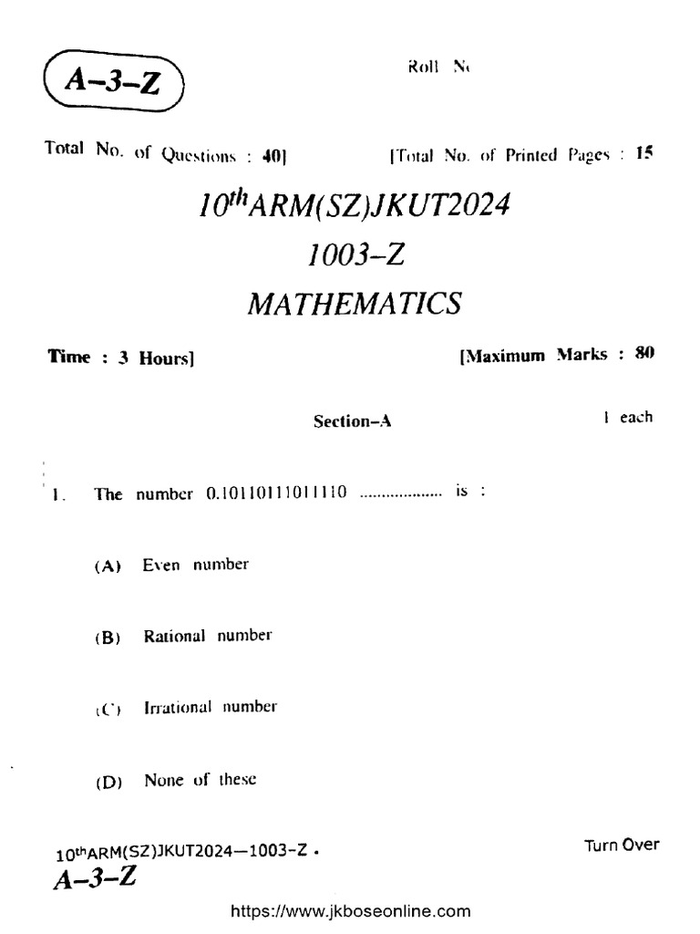 JK Bose Class 10 Mathematics 1003 Z 2024 | PDF