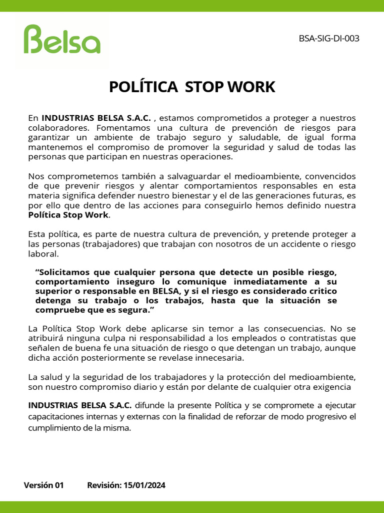 BSA-SIG-DI-003 - Política de STOP WORK | PDF