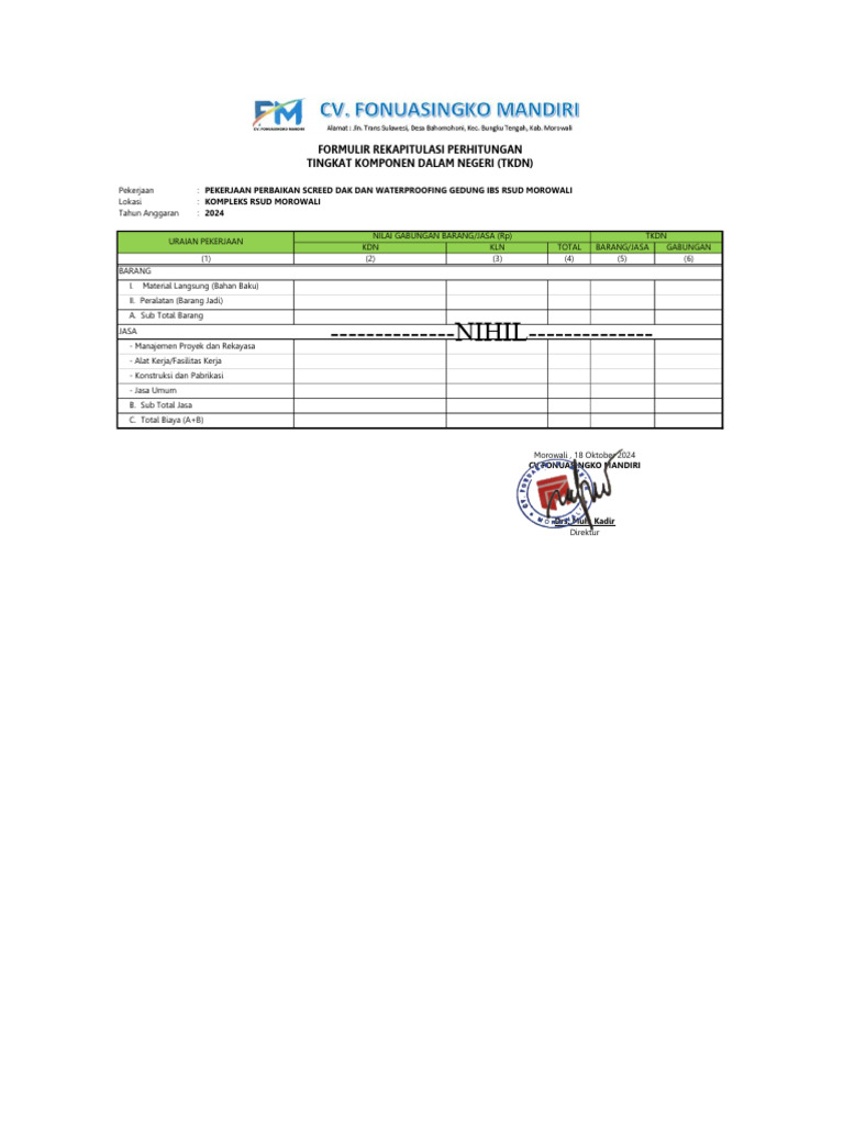 Formulir Rekapitulasi Perhitungan TKDN-1 | PDF