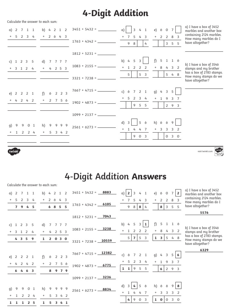 t2 M 299 4digit Number Addition Activity Sheet - Ver - 3 | PDF