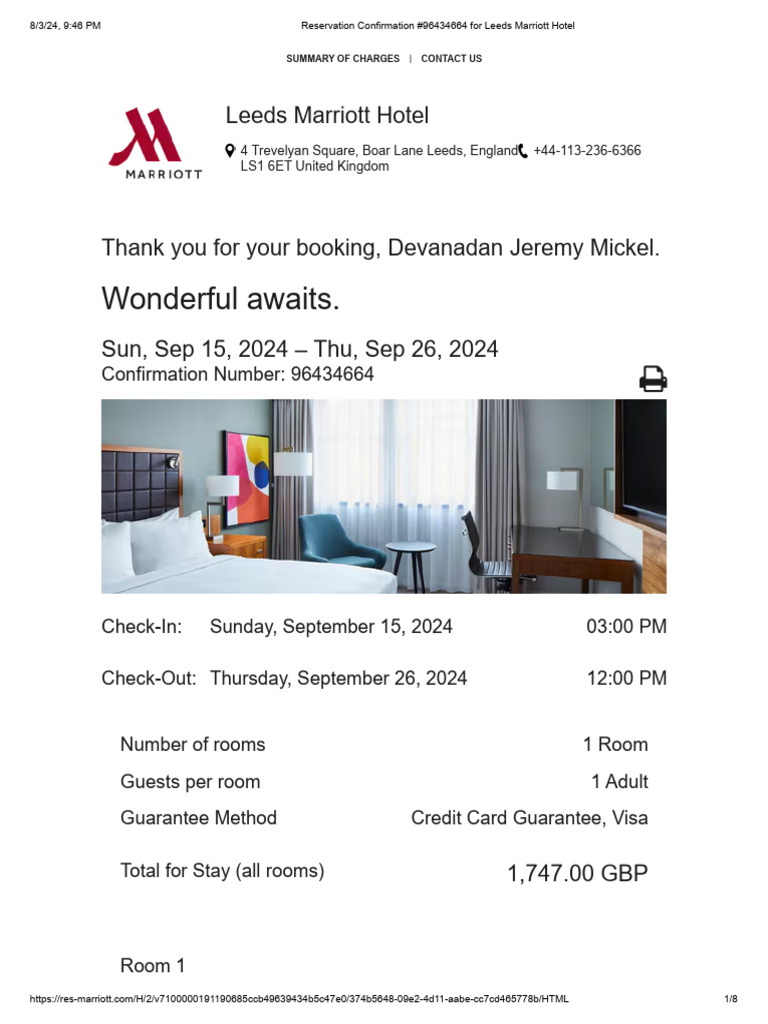 Reservation Confirmation #96434664 For Leeds Marriott Hotel | PDF ...
