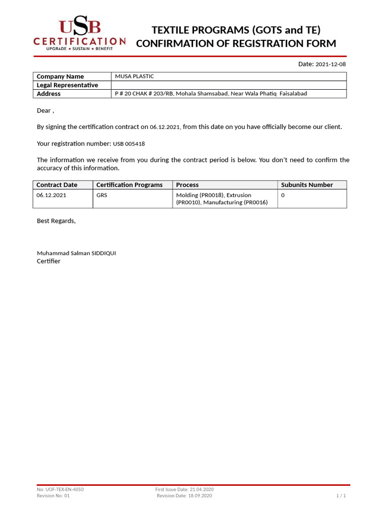 UOF-TEX-EN-4050 Confirmation of Registration Form | PDF | Business ...