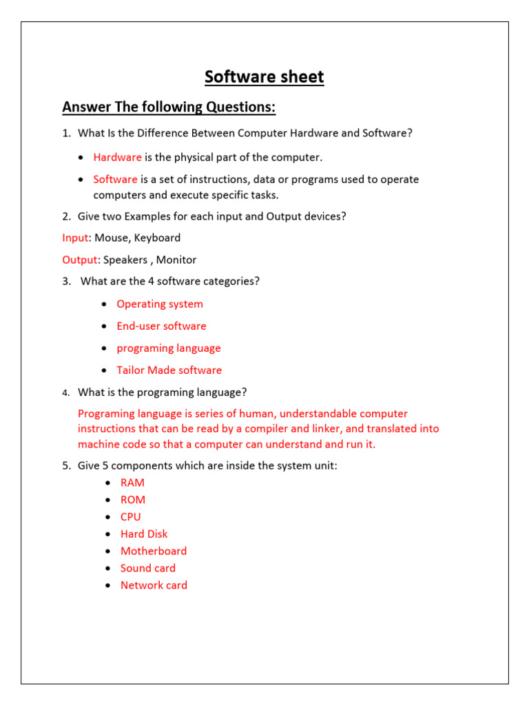 Software and Hardware Sheet Answers | PDF | Computer Hardware | Input/Output