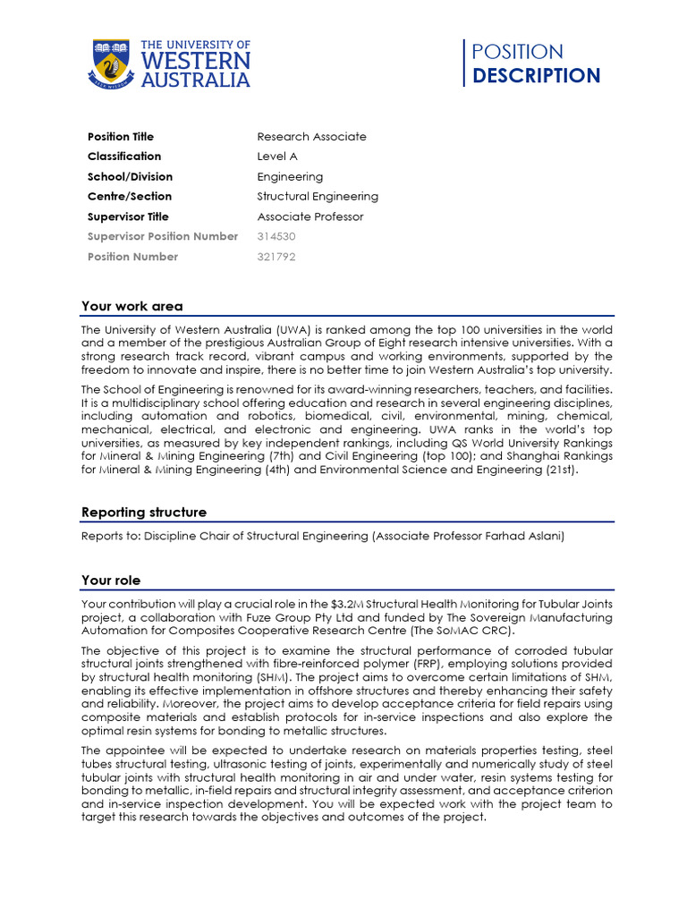 Position Description - Research Associate (Level A) | PDF | Engineering