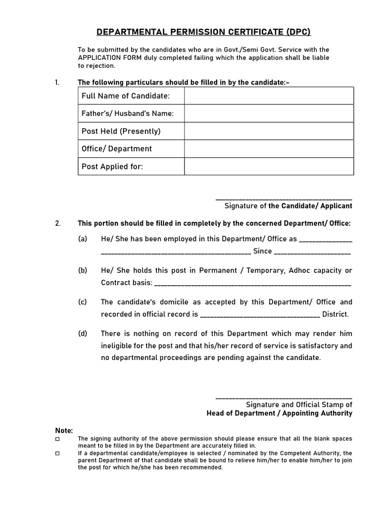 Departmental Permission Certificate (DPC) | PDF | Business | Finance ...