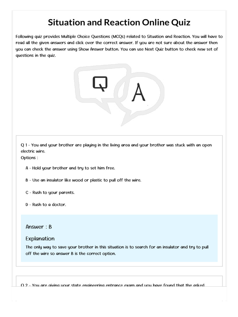 Situation and Reaction Online Quiz | PDF | Multiple Choice