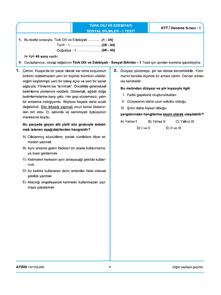 Aydın AYT 10'lu Deneme 2021 @PdfYurdu | PDF