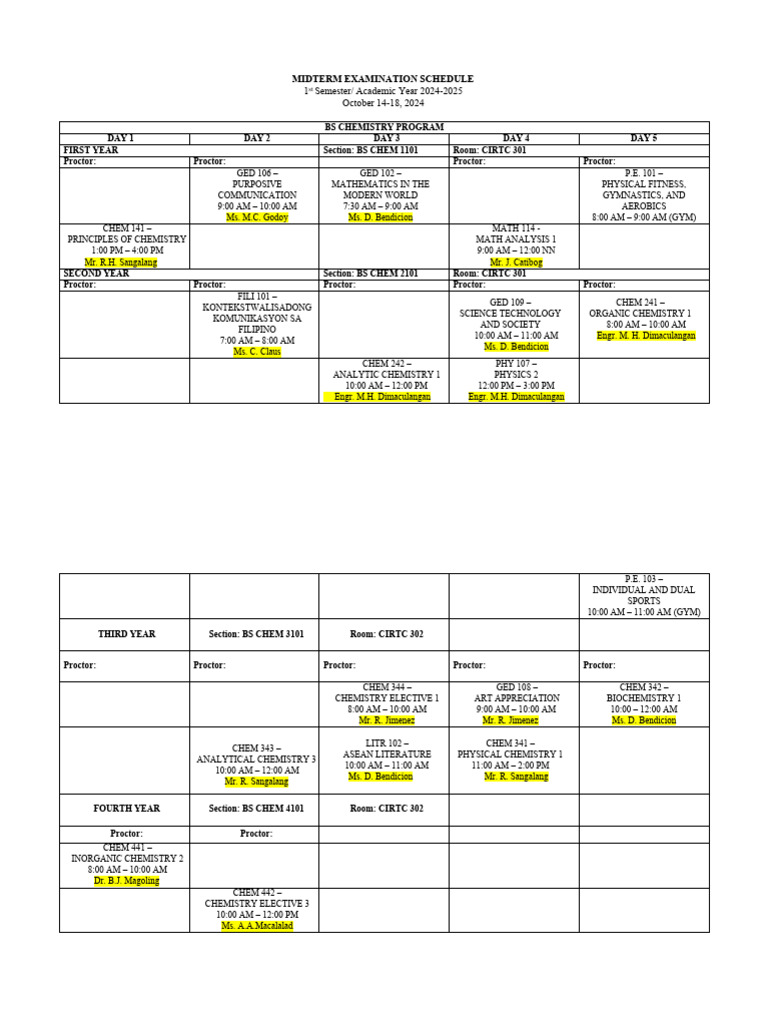 Bs Chem 1st Semester Ay 2024 2025 Midterm Schedule 1 | PDF | Chemistry | Physical Sciences