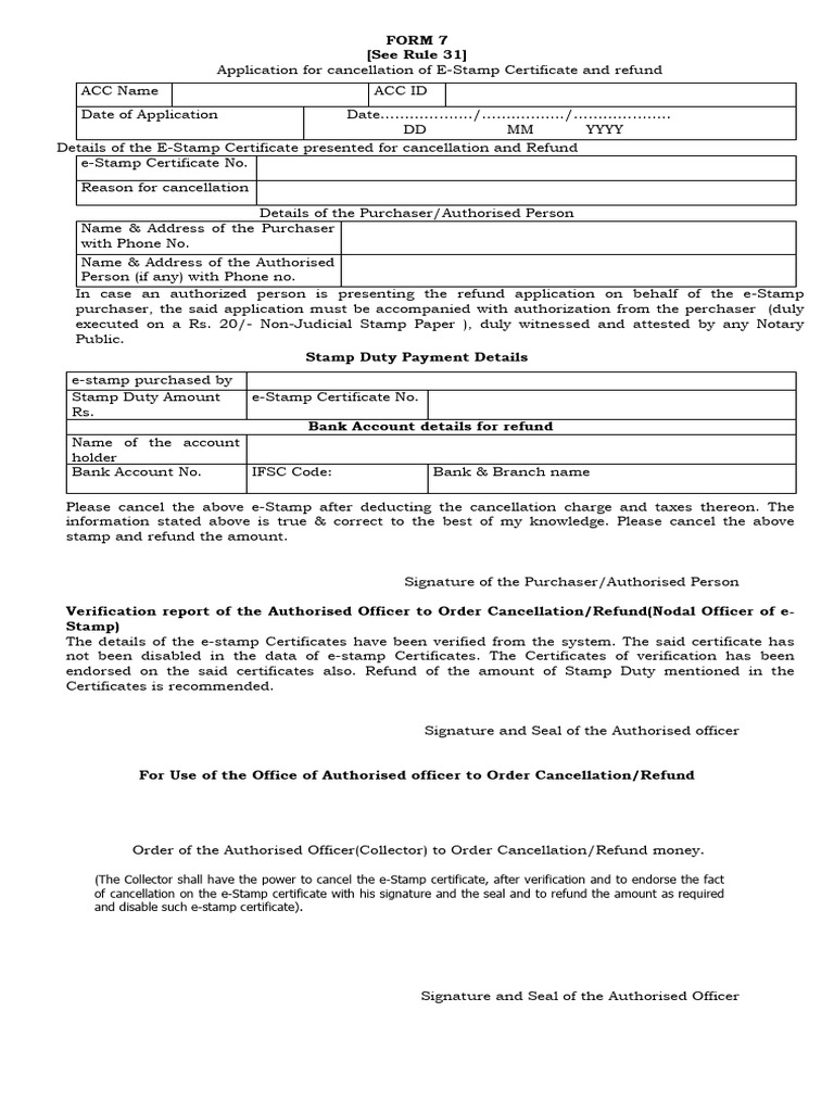 E-Stamp Cancellation and Refund Form | PDF | Taxes | Payments