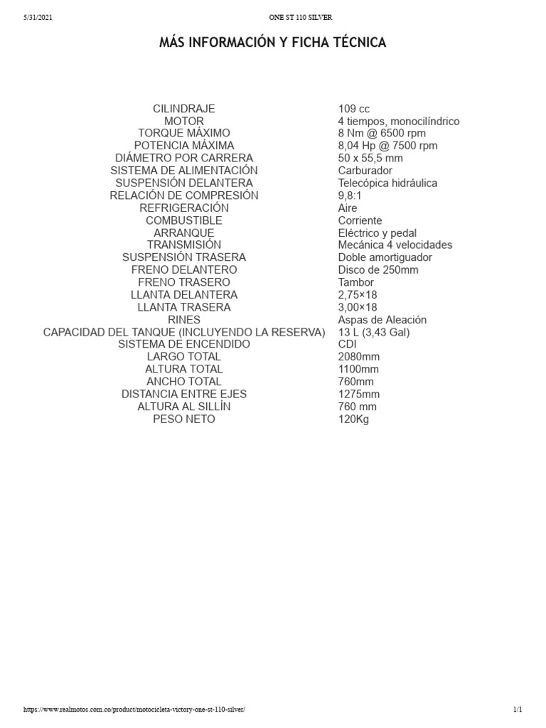 Ficha Tecnica Victory One ST Silver 110 | PDF | Vehículos con tracción ...