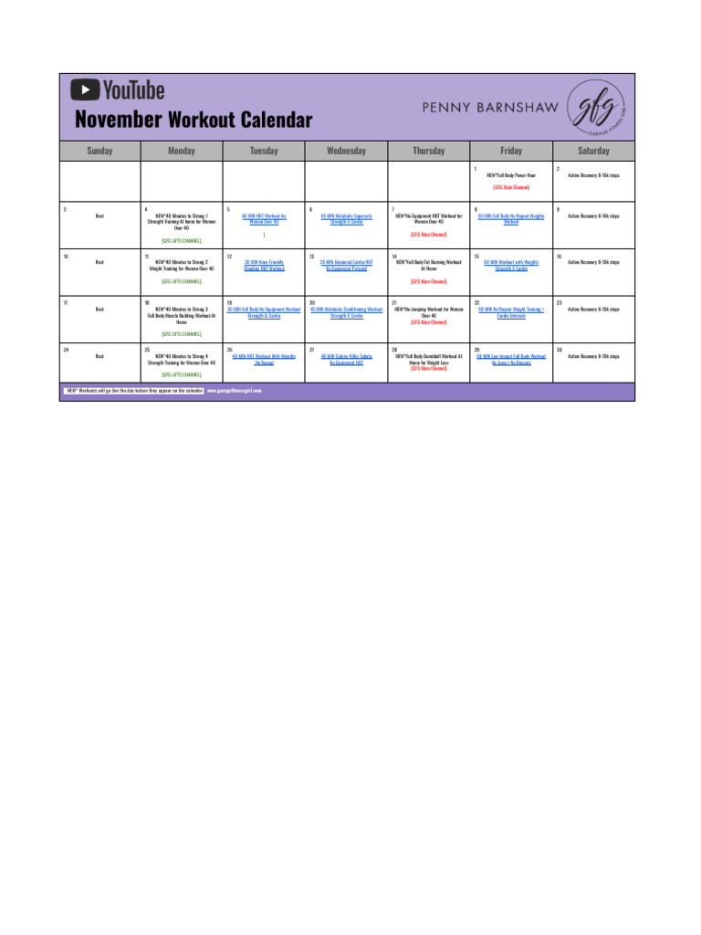 GFG November Workout Calendar | PDF | Strength Training | High ...