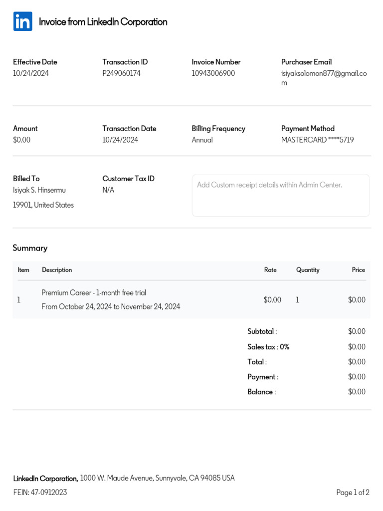 LinkedIn Premium Trial Invoice | PDF | Invoice | Receipt