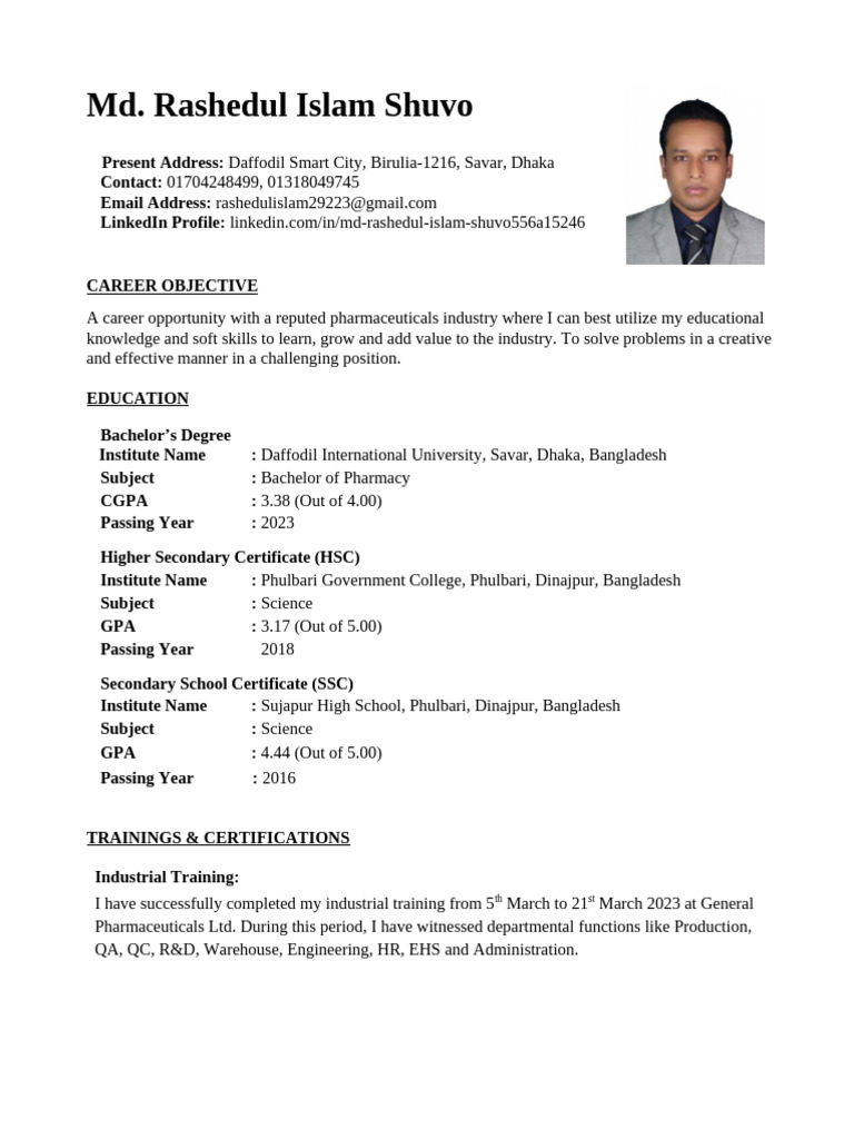 Pharmacy Graduate Resume of Md. Rashedul Islam | PDF | Bangladesh