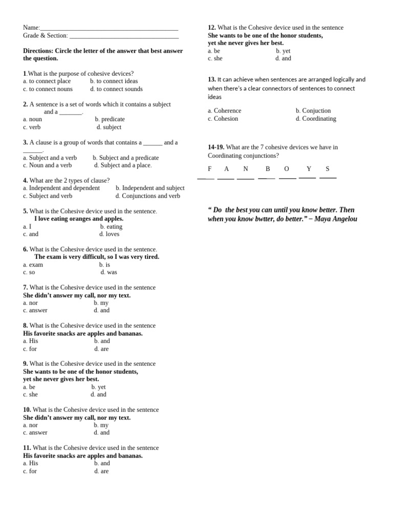 Cohesive Devices Quiz for Students | PDF | Sentence (Linguistics ...