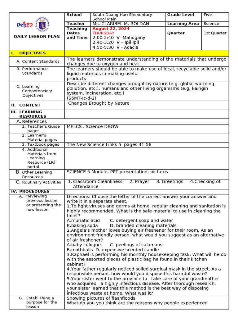 Dlp-Science 5 Q1 W4 Day 1 | PDF | Pollution | Soil