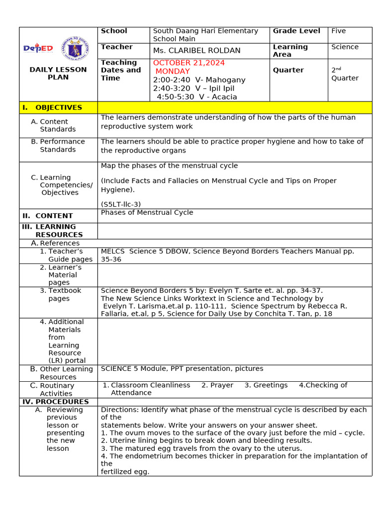 Dlp-Science 5 Q2 W4 D1 Map The Phases of Menstruation | PDF | Menstrual Cycle | Mammal Female ...