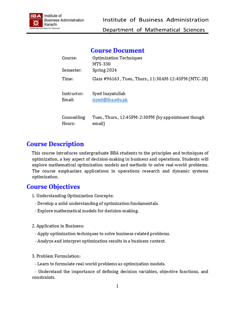Optimization techniques outline 2024 Spring | PDF | Mathematical Optimization | Critical Thinking