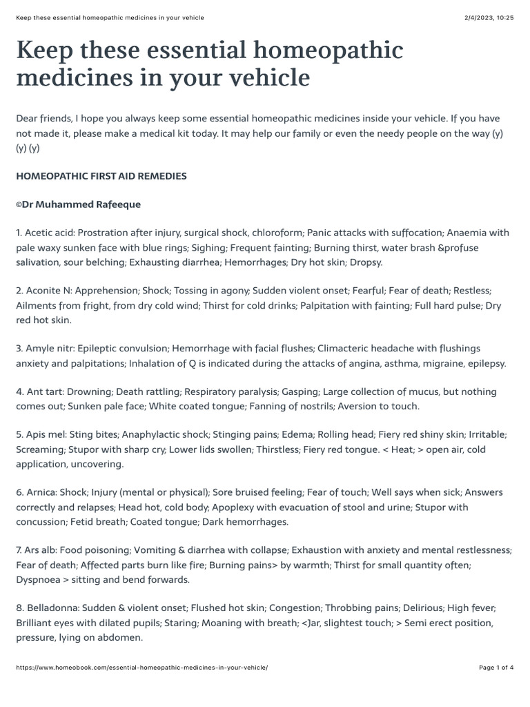 Essential Homeopathic Medicines for Vehicles | PDF | Pain | Causes Of Death