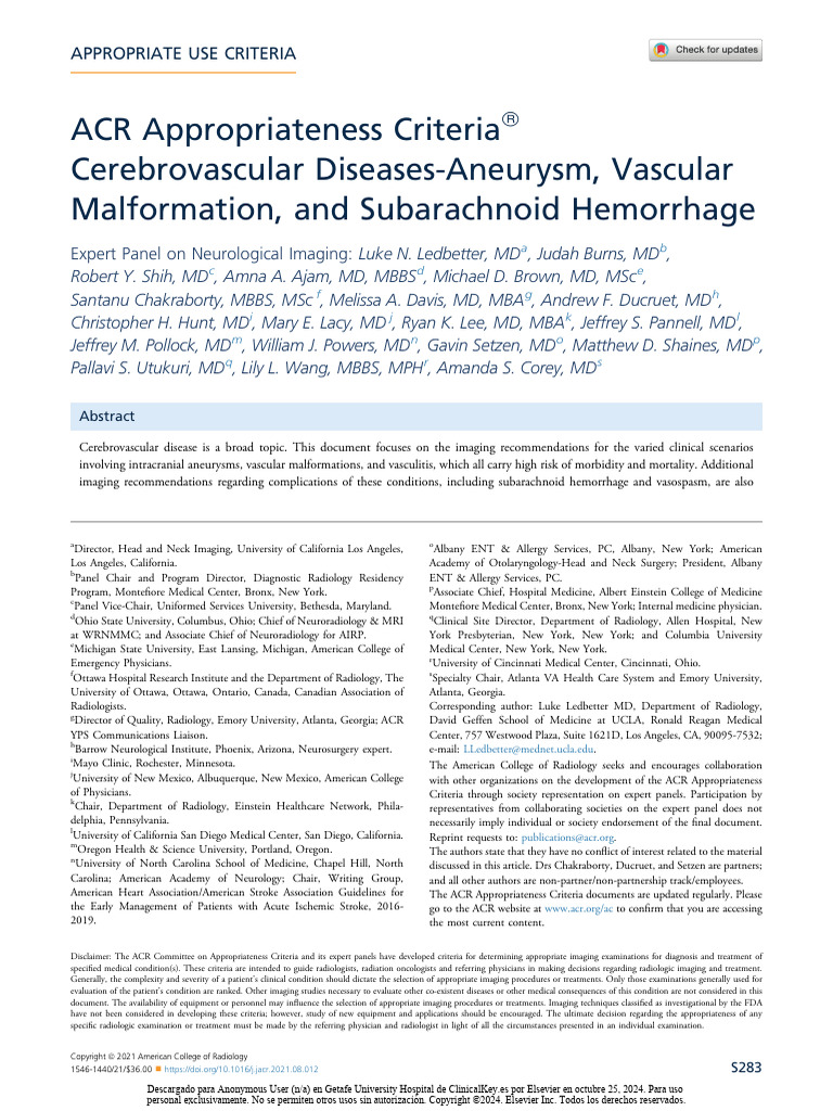 ACR Appropriateness Criteria® Cerebrovascular Diseases-Aneurysm, Vascular Malformation, and ...