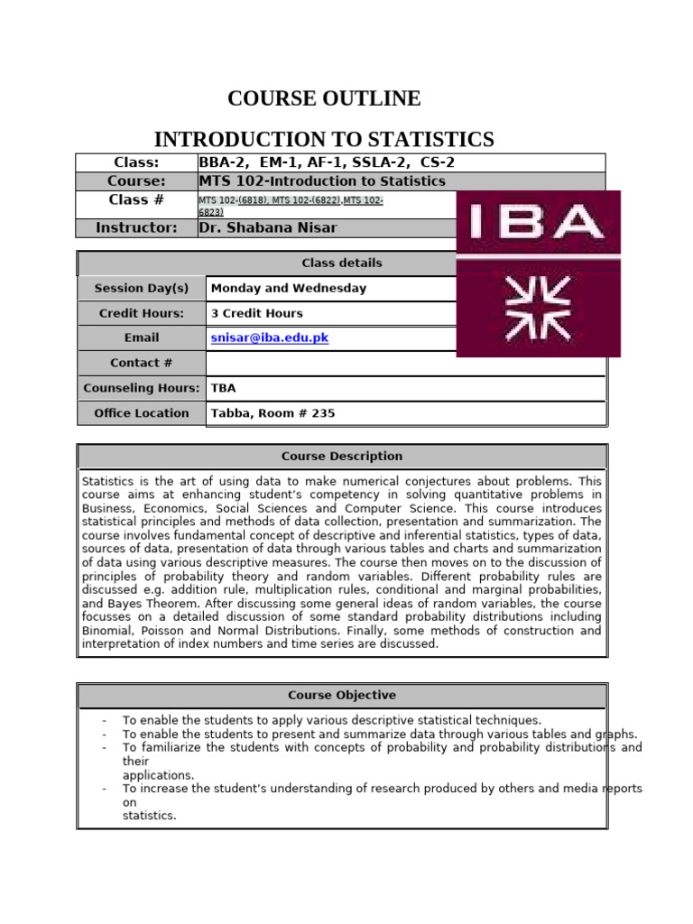 Course Outline MTS 102 Introduction to Statistics | PDF | Probability Distribution | Statistics