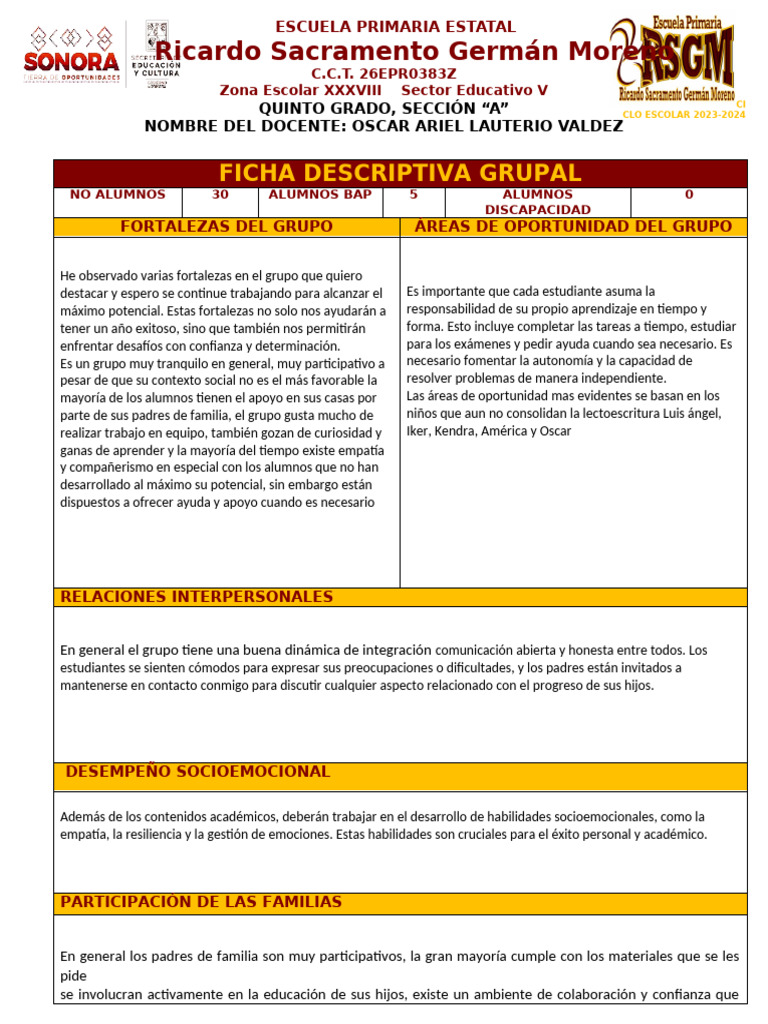 Ficha Descriptiva Grupal 26epr0383z | PDF | Educación primaria | Escuelas