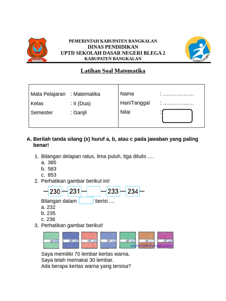 Latihan Soal MTK Kls 2 SMT 1 | PDF
