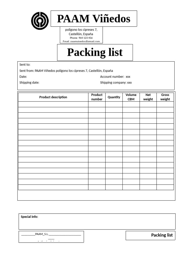 PAAM Viñedos Packing List Details | PDF