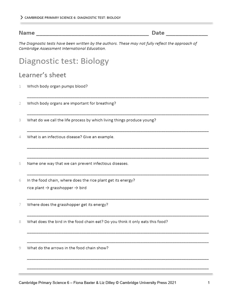 Cambridge Primary Science 6 Biology Test | PDF | Foods | Public Health