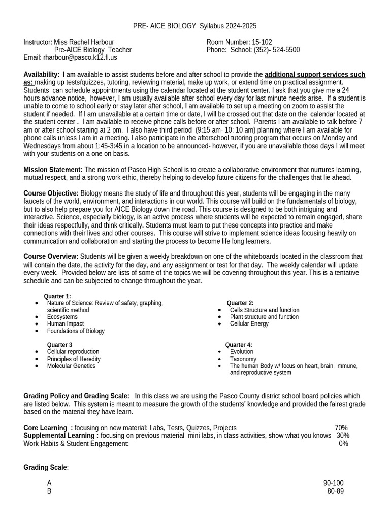 Ms. Harbour's Pre-AICE BIOLOGY Science Syballus 2024-2025 | PDF ...