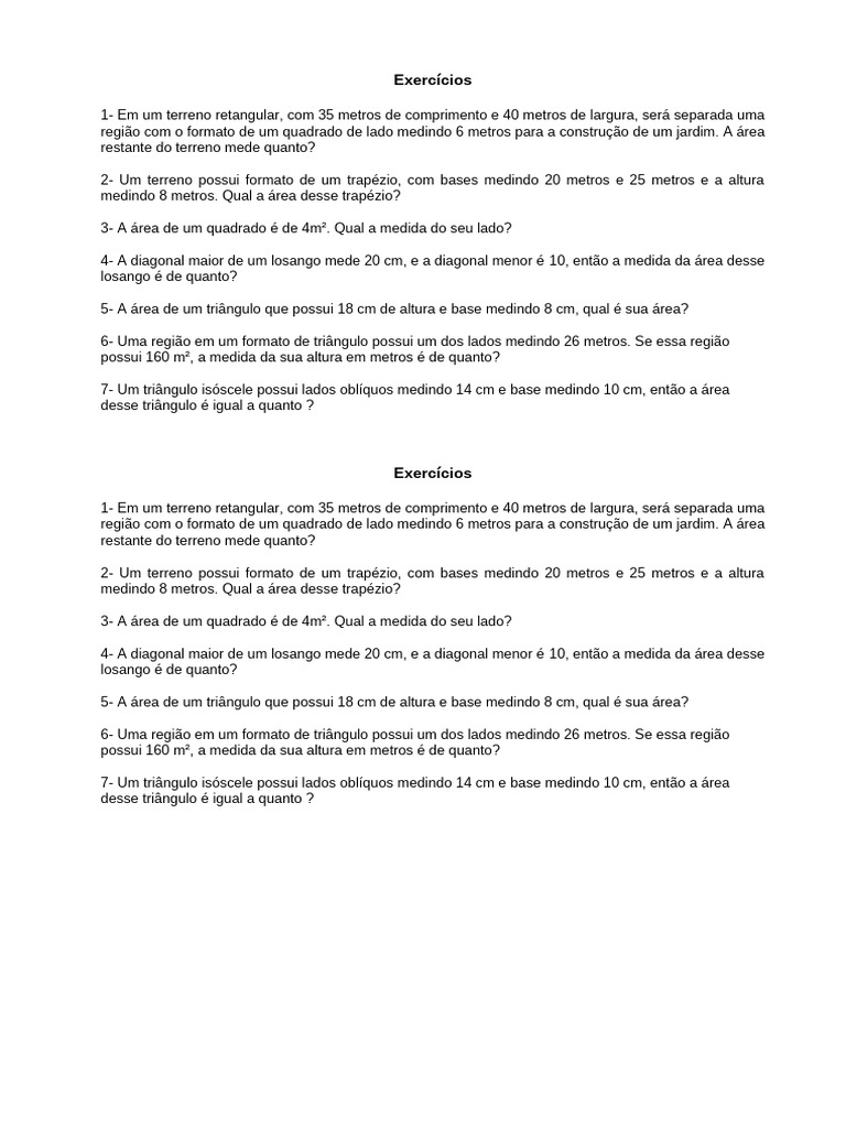 Exercícios de Cálculo de Áreas | PDF | Casa e Jardim | Ciências e ...