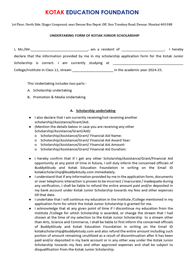 Undertaking Letter Kotak Junior Scholarship 2024-25 Final | PDF