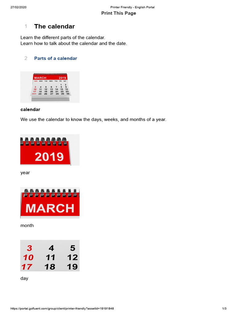 Understanding Calendar Parts and Dates | PDF